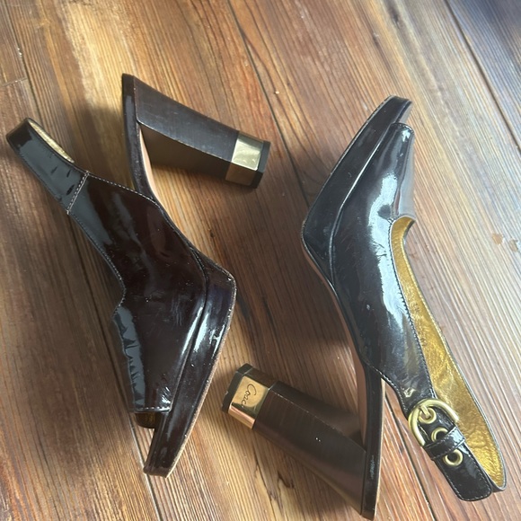 Coach | Shoes | Coach Brown Leather Gold Hardware Peep Toe Sling Back ...